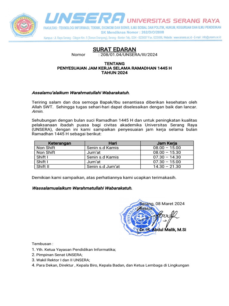 Surat Edaran Tentang Pemberlakuan Jam Kerja Selama Ramadhan 1445 H | PDF