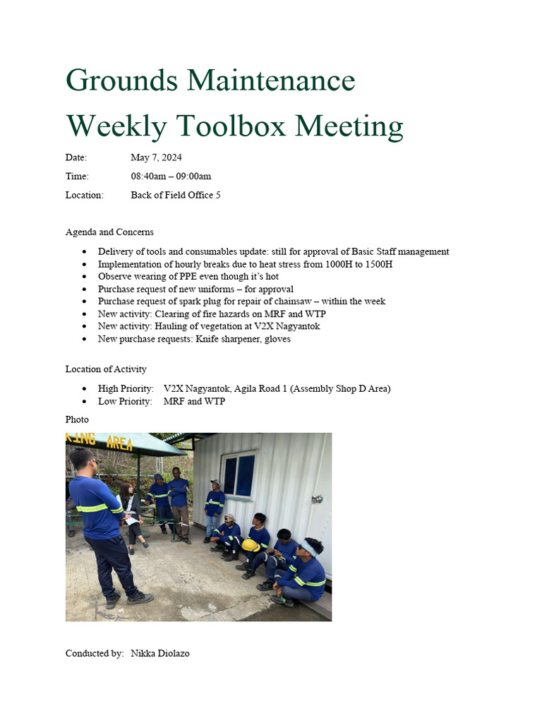 Grounds Crew Weekly Meeting Agenda | PDF | Science & Mathematics ...