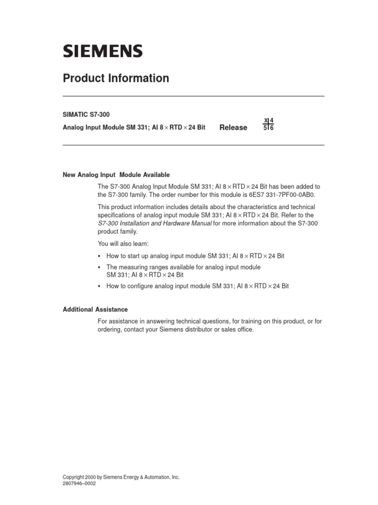 Analog Input Module SM 331 AI 8 X RTD X 24 Bit | PDF | Analog To ...
