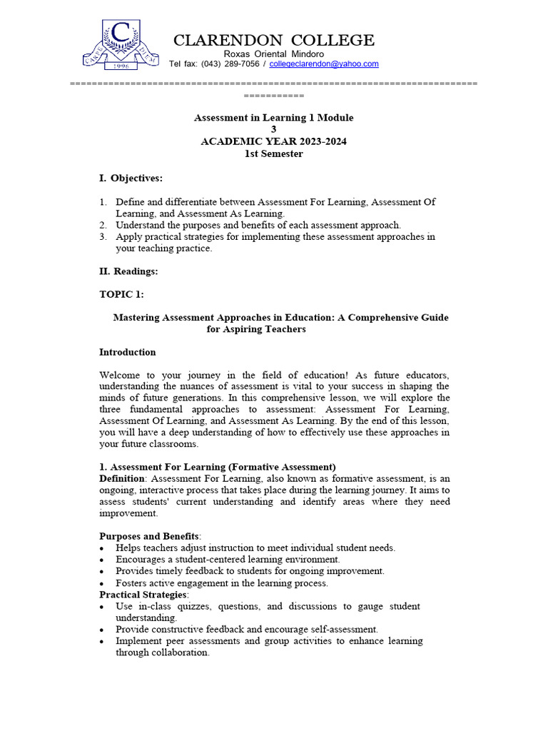 Assessment in Learning 1 - Readings and Task 3 | PDF | Educational ...