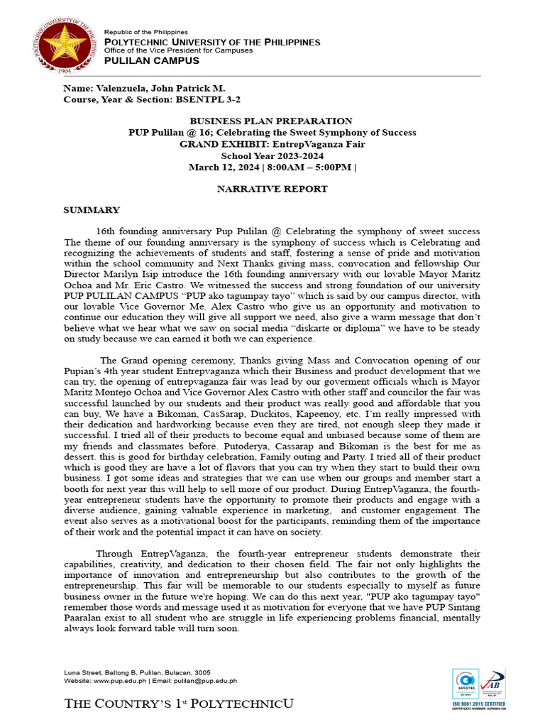 JPVALENZUELA Narrative Report 2024 | PDF | Entrepreneurship