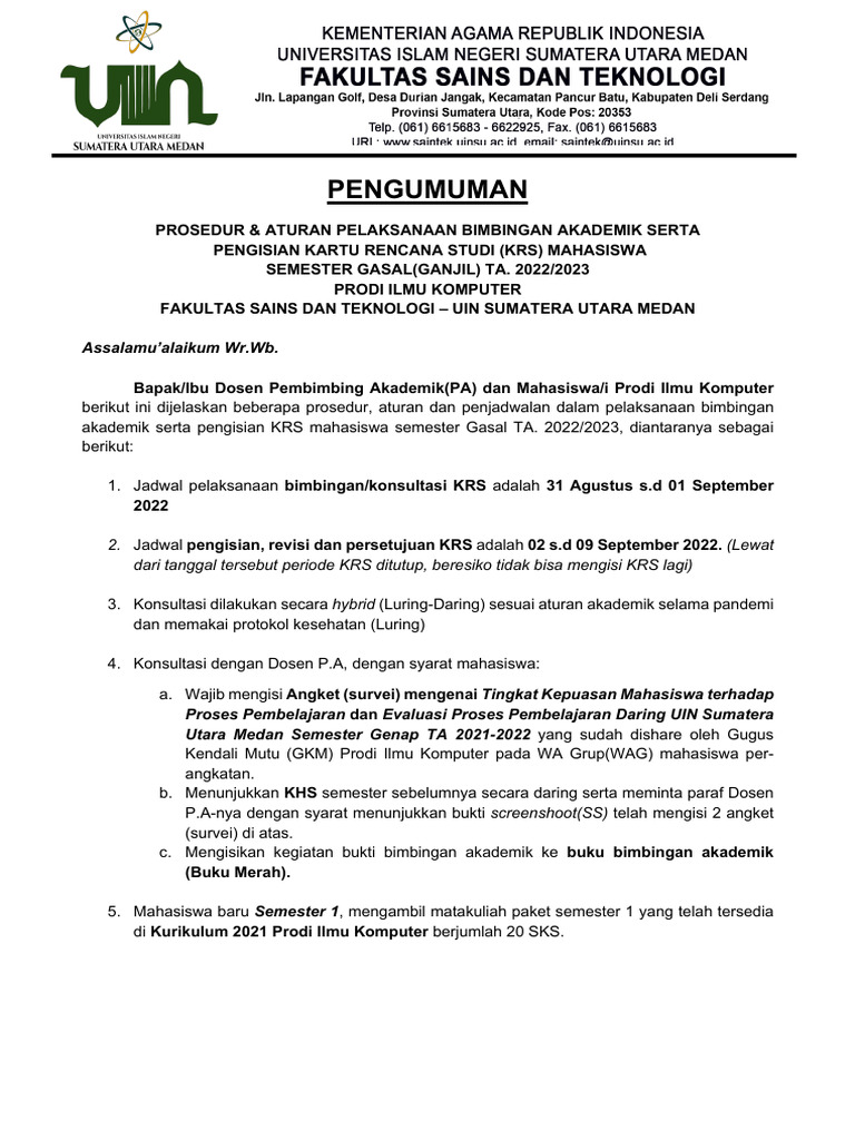 Aturan Dan Prosedur Bimbingan Akademik Pengisian KRS Mhs Sem Gasal TA 2022 2023 | PDF | Seni ...