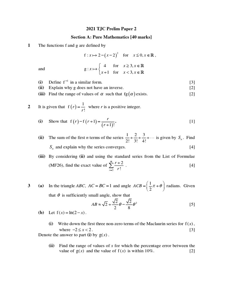 TJC H2 2021 Math Prelim P2 Questions | PDF | Mean | Variance