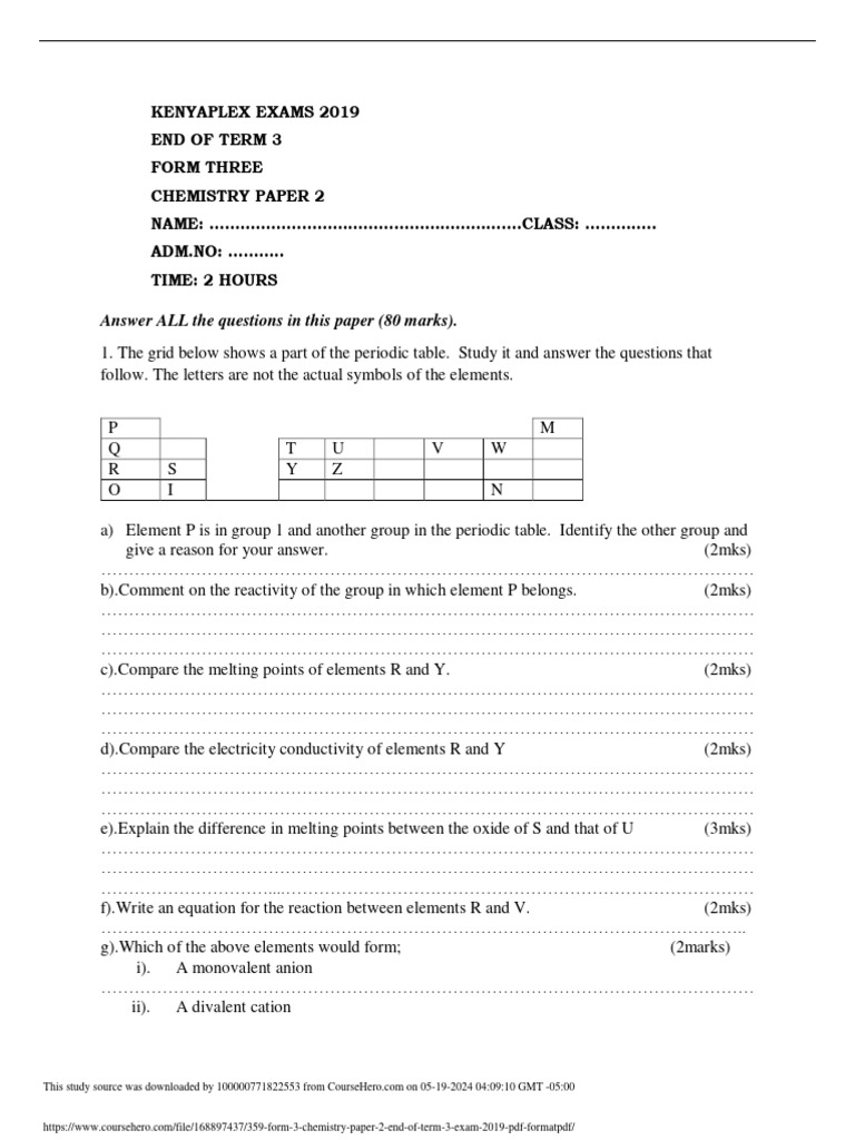 359 Form 3 Chemistry Paper 2 End of Term 3 Exam 2019 PDF Format PDF ...