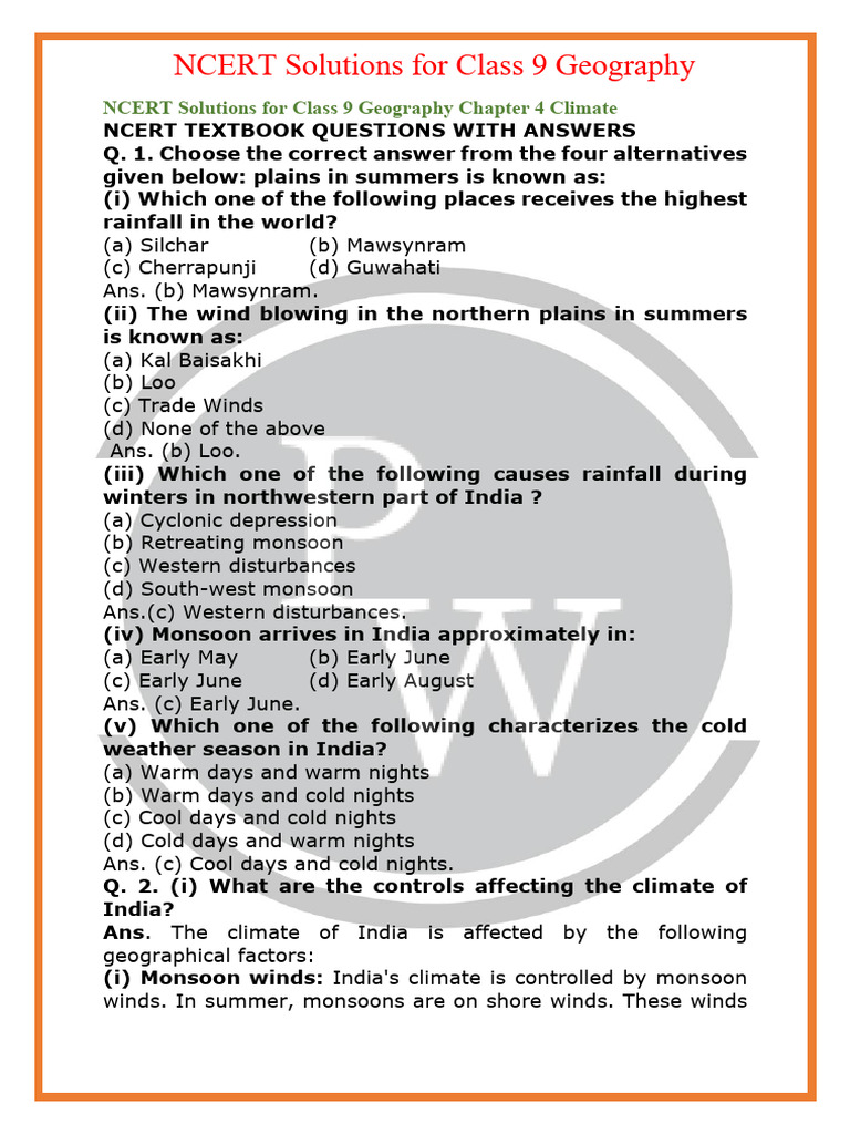 NCERT Solutions For Class 9 Geography Chapter 4 Climate | PDF | Monsoon ...