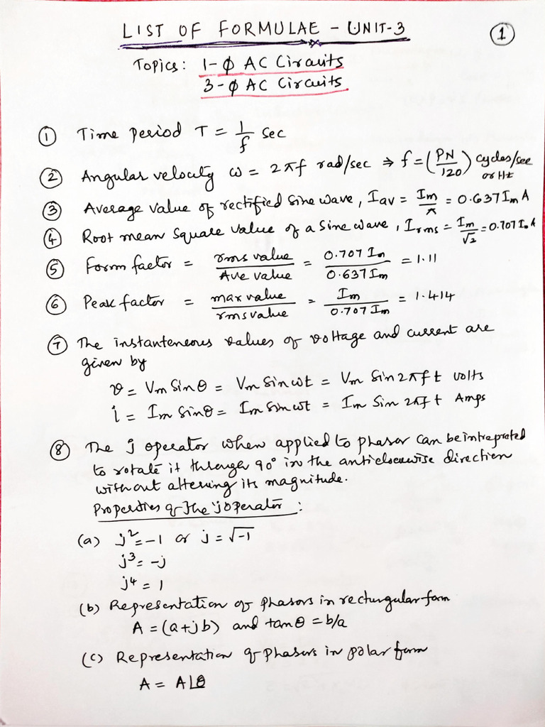 Bee - Unit-Iii List of Formulae | PDF | Science & Mathematics