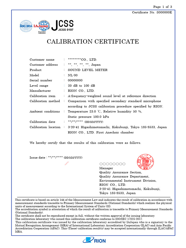Sound Level Meter Calibration Certificate | PDF | Calibration | Microphone