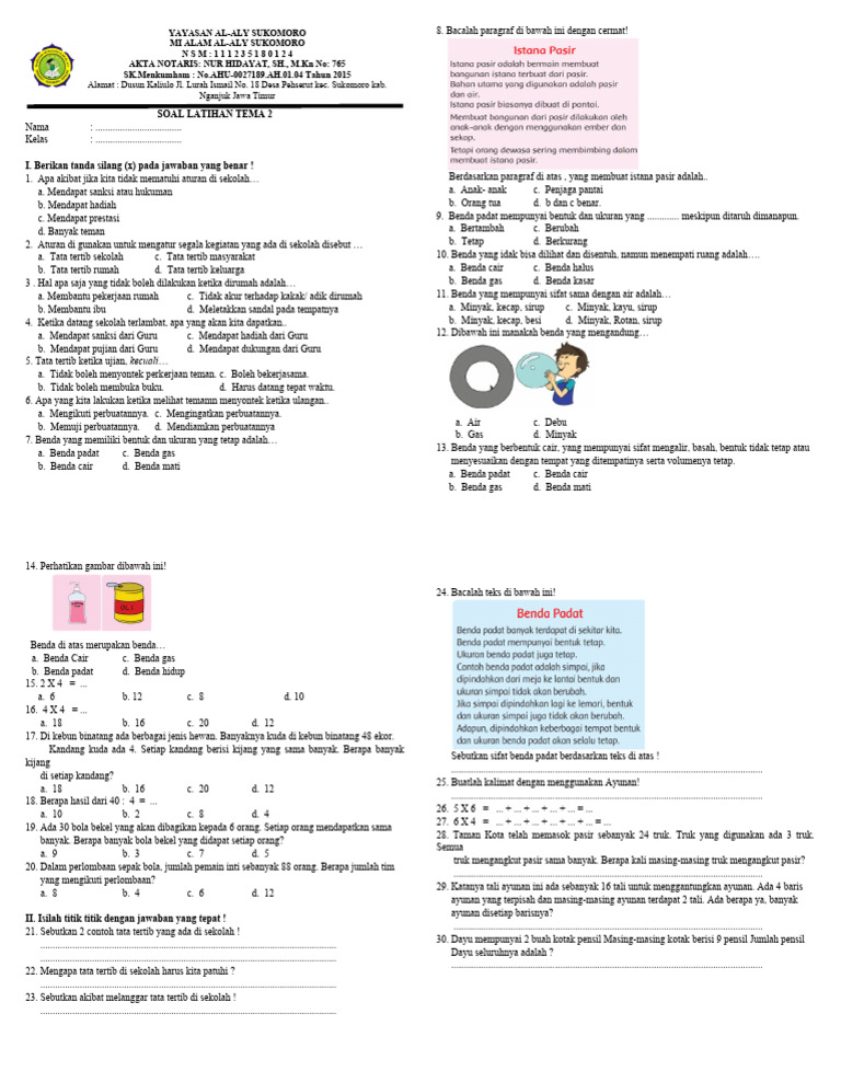 Soal Latihan Tema 2 | PDF | Griya & Taman