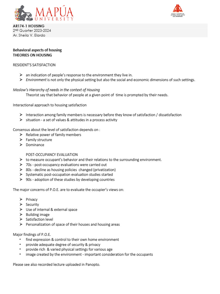 Housing WK3 (Theories in Housing) | PDF