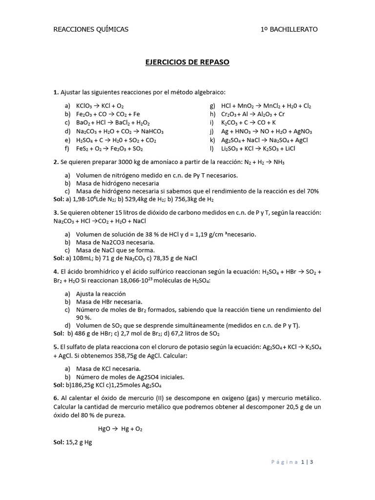 EJERCICIOS DE REPASO - UD6 - Reacciones Quimicas | PDF | Ácido clorhídrico | Hidróxido de sodio