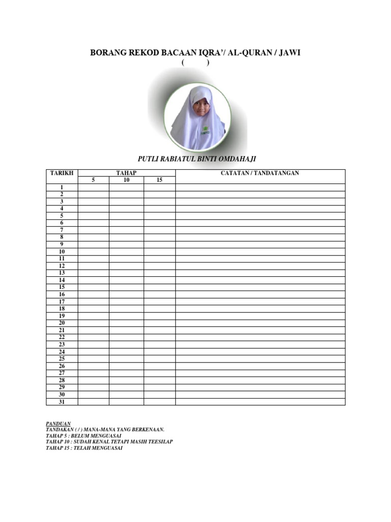 Borang Rekod Bacaan Iqj | PDF
