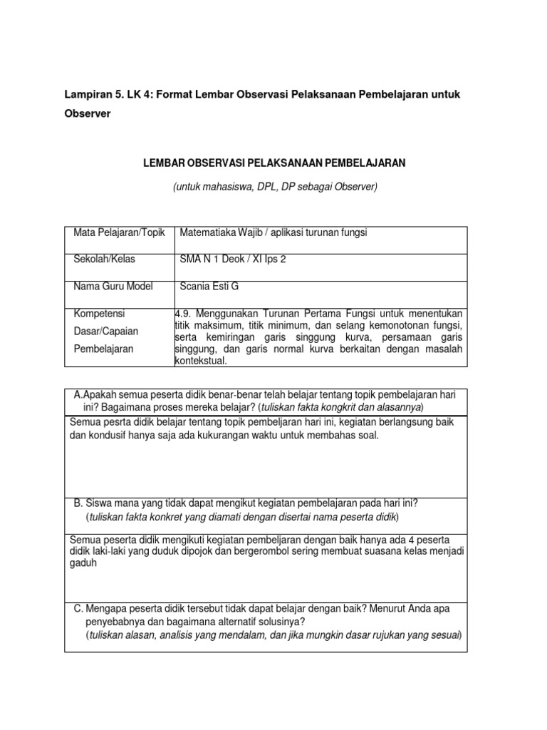 Observasi Pelaksanaan Pembelajaran Untuk Observer | PDF