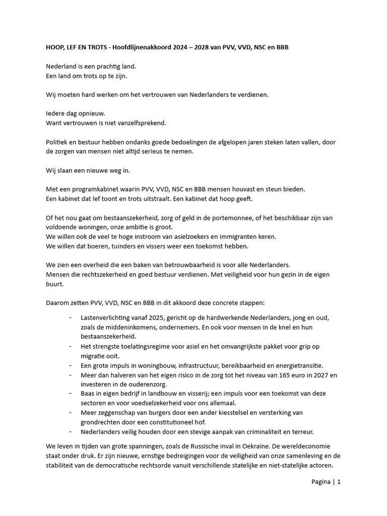 Hoofdlijnenakkoord PVV VVD NSC BBB | PDF