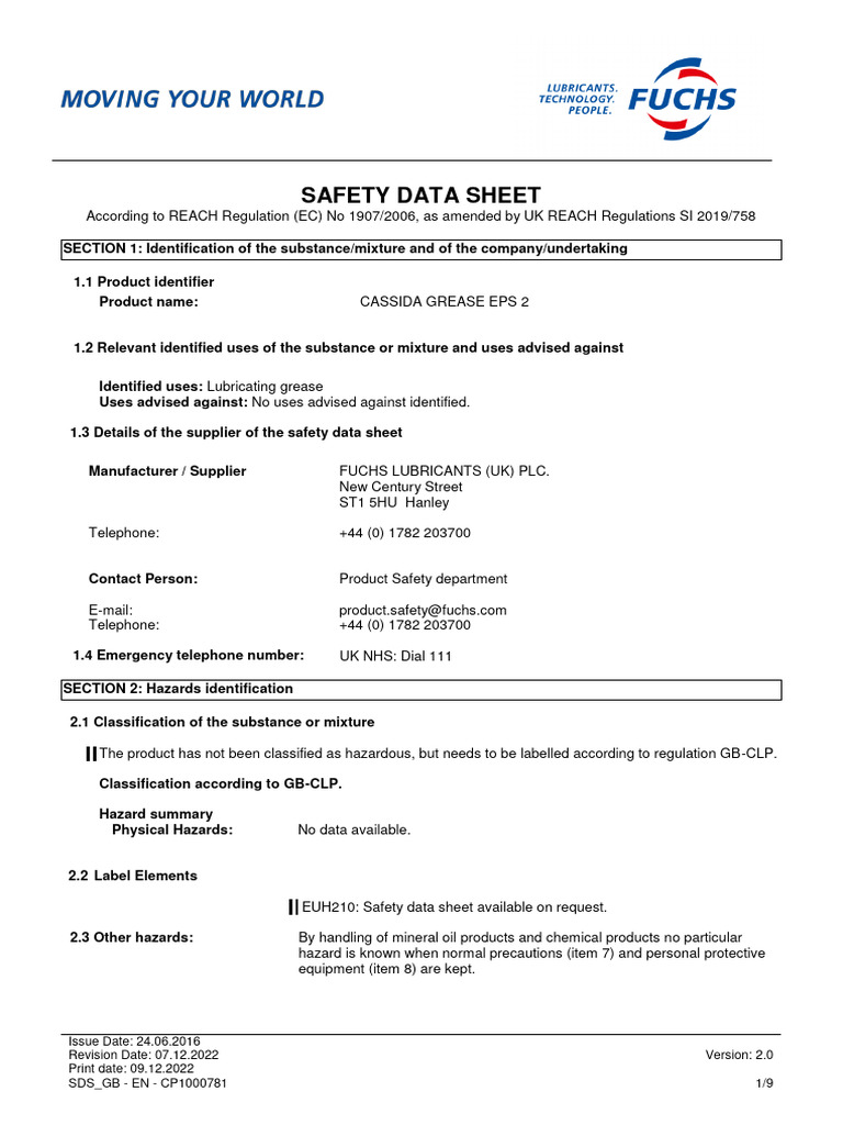 Cassida - Grease - Eps - 2 - GB - en - 2 - 0 MSDS | PDF | Toxicity ...