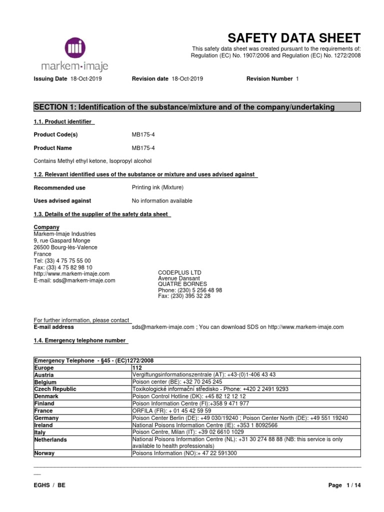 MB175 Markem Imaje MSDS | PDF | Toxicity | Dangerous Goods