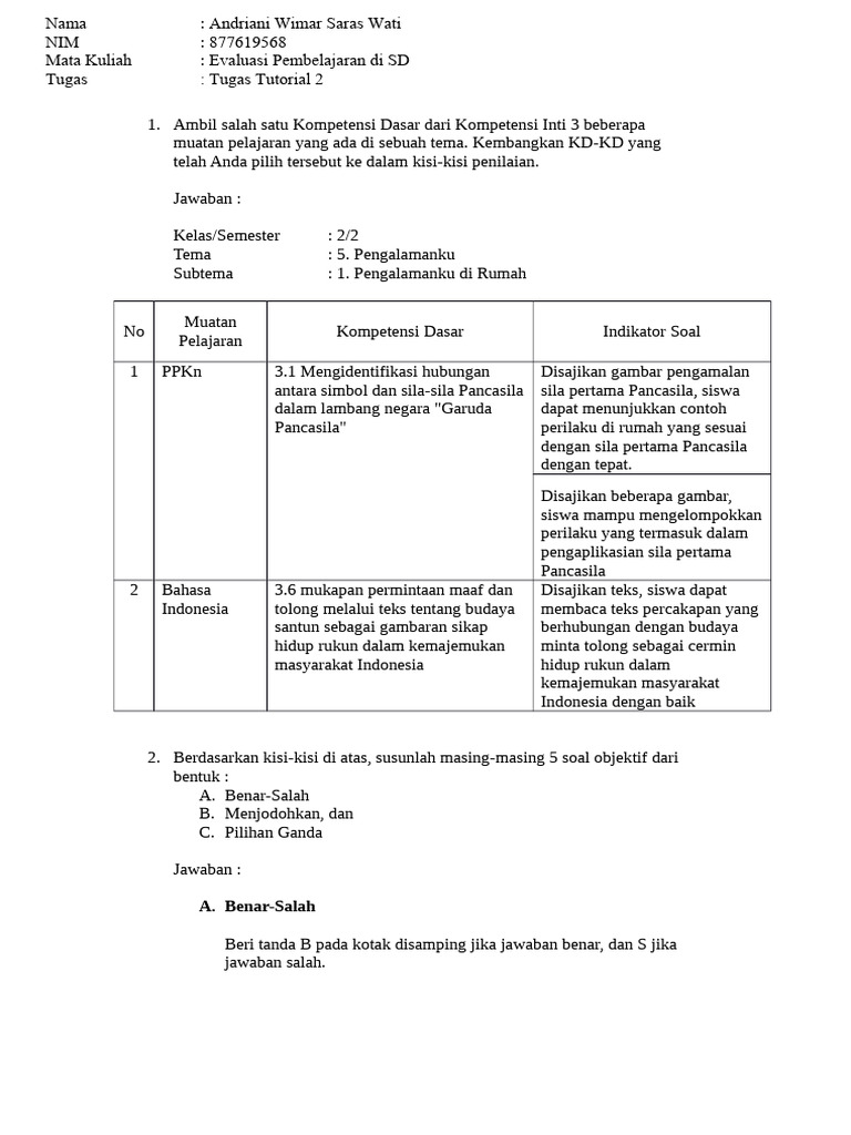 Tugas Tutorial 2 - Evaluasi Pembelajaran Di SD | PDF