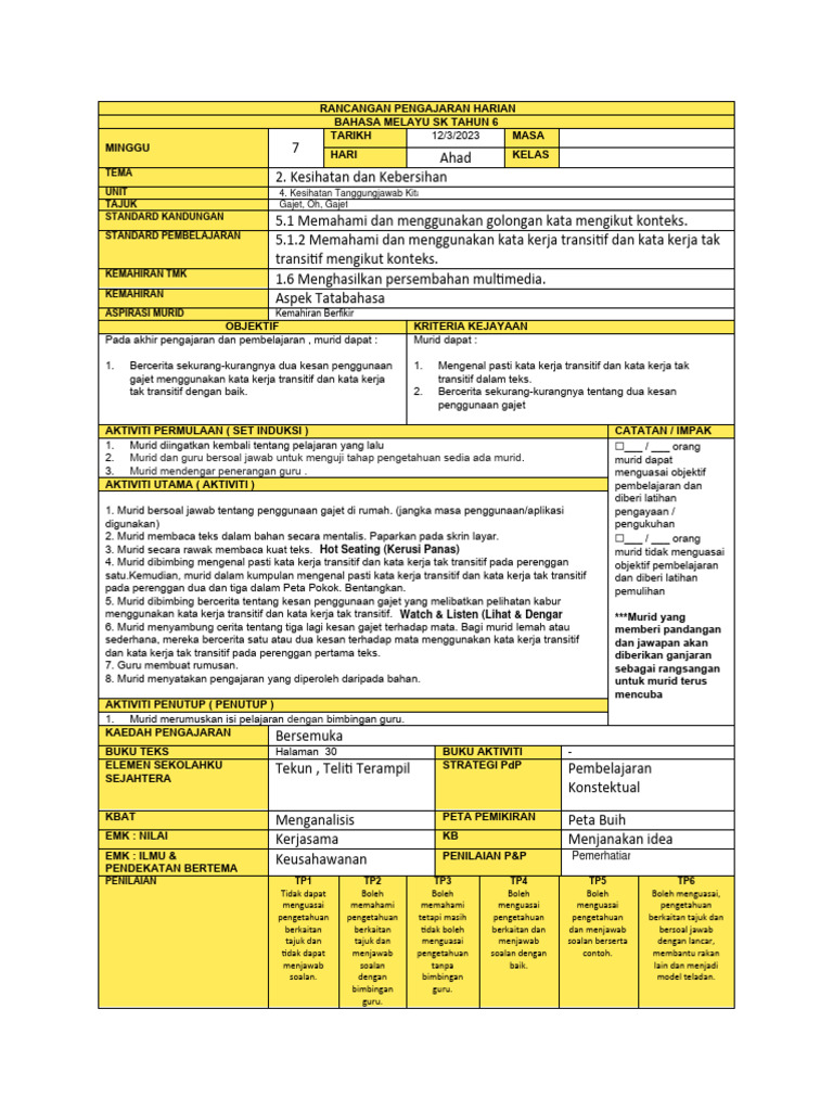 RPH MINGGU 7 BM SK THN 6 2024 BY CIKGU GORGEOUS | PDF