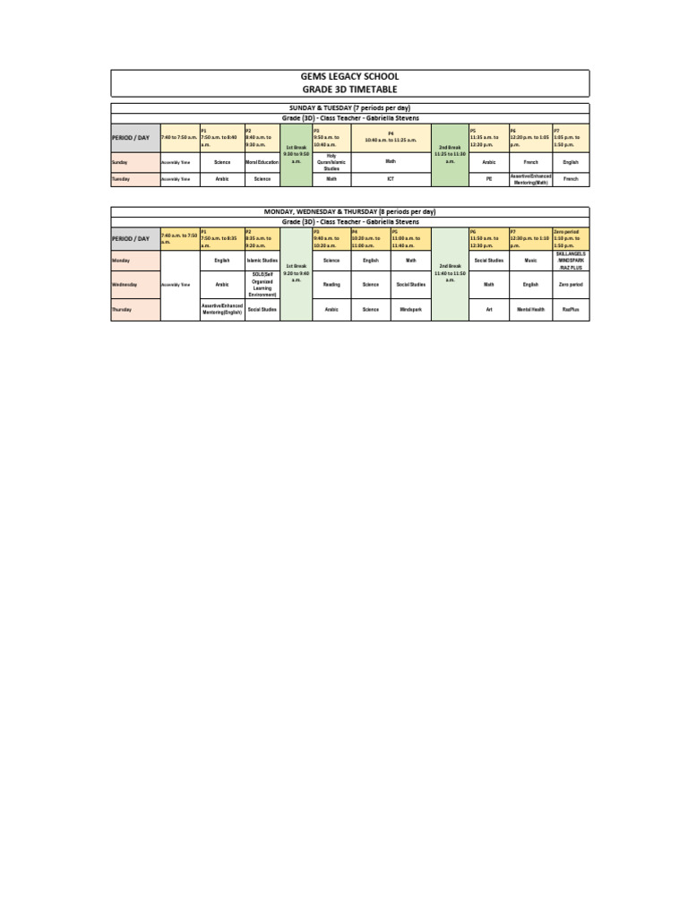 Timetable With Bell Timings 3D | PDF