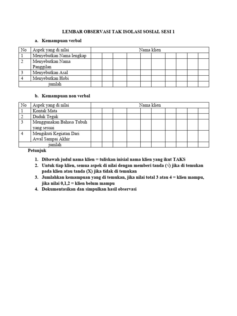 Lembar Observasi Tak Isolasi Sosial Sesi 1 | PDF | Karier & Perkembangan | Seni & Disiplin Bahasa