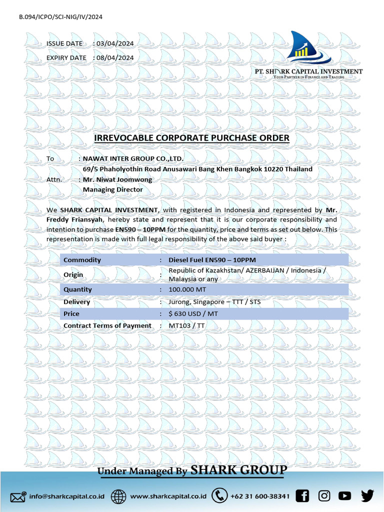 EN590 Diesel Purchase Order Details | PDF