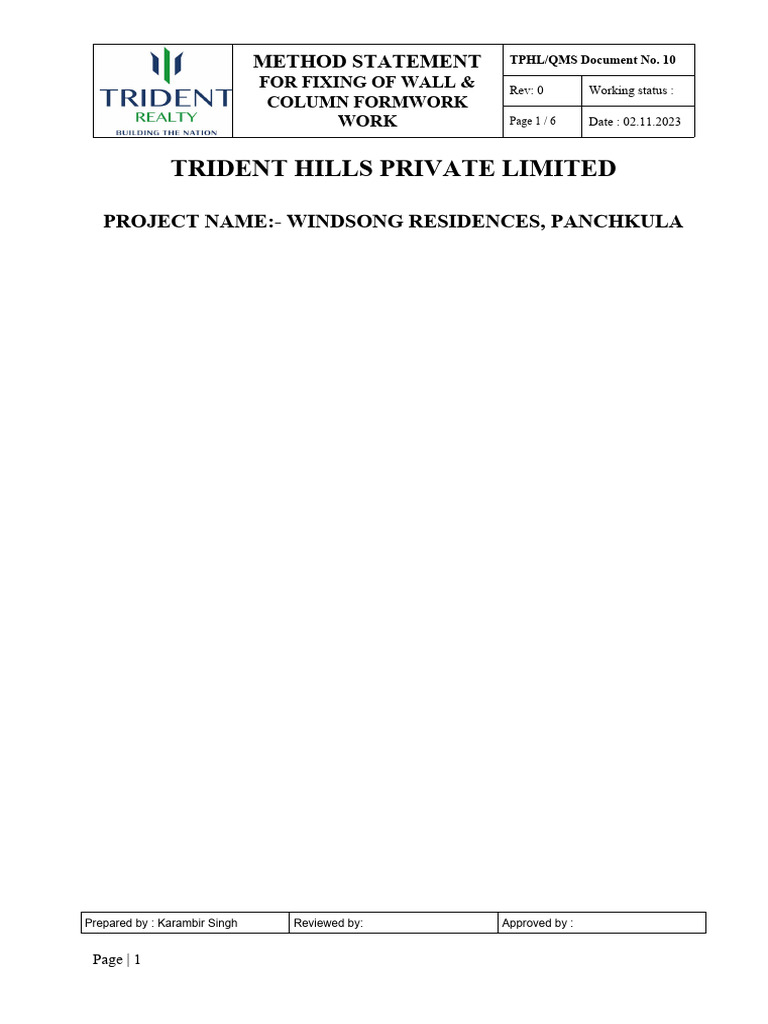 Method Statement For Fixing of Wall & Column Formwork | PDF | Scaffolding