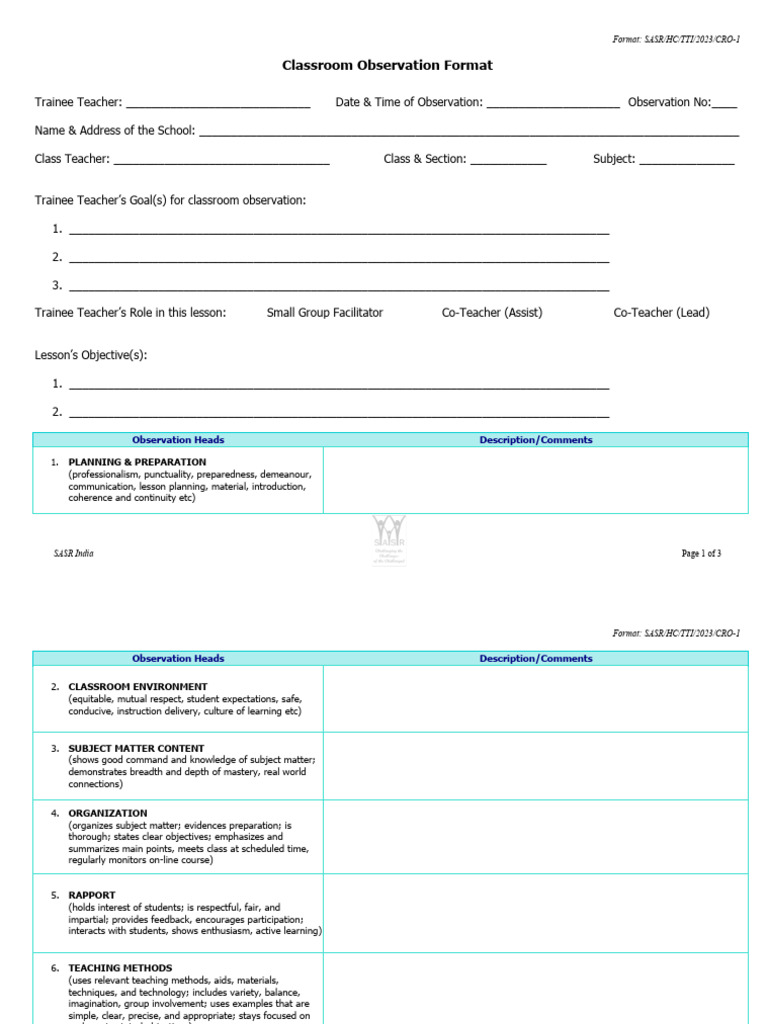 Classroom Observation Guide | PDF | Teachers | Teaching Method