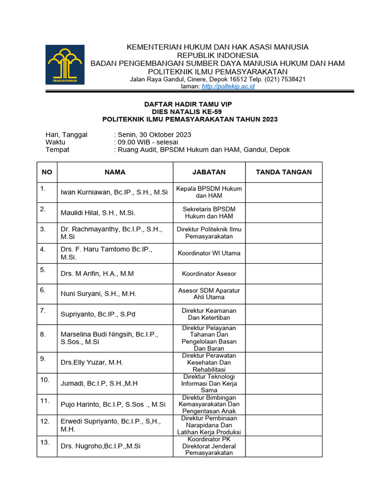 Daftar Hadir Tamu Vip Dies Natalis | PDF