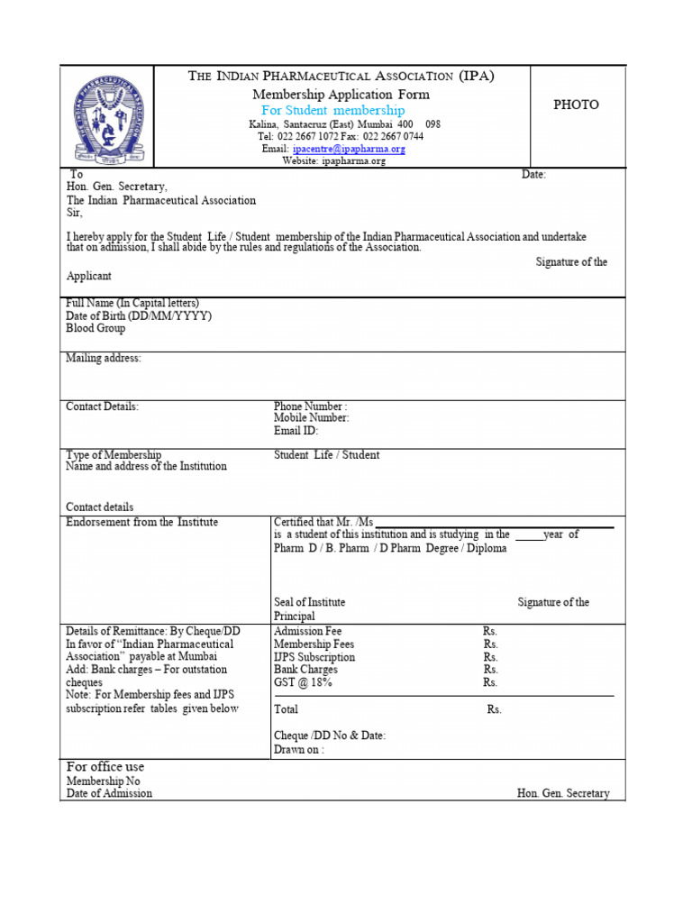 IPA Student Membership Form | PDF | Cheque