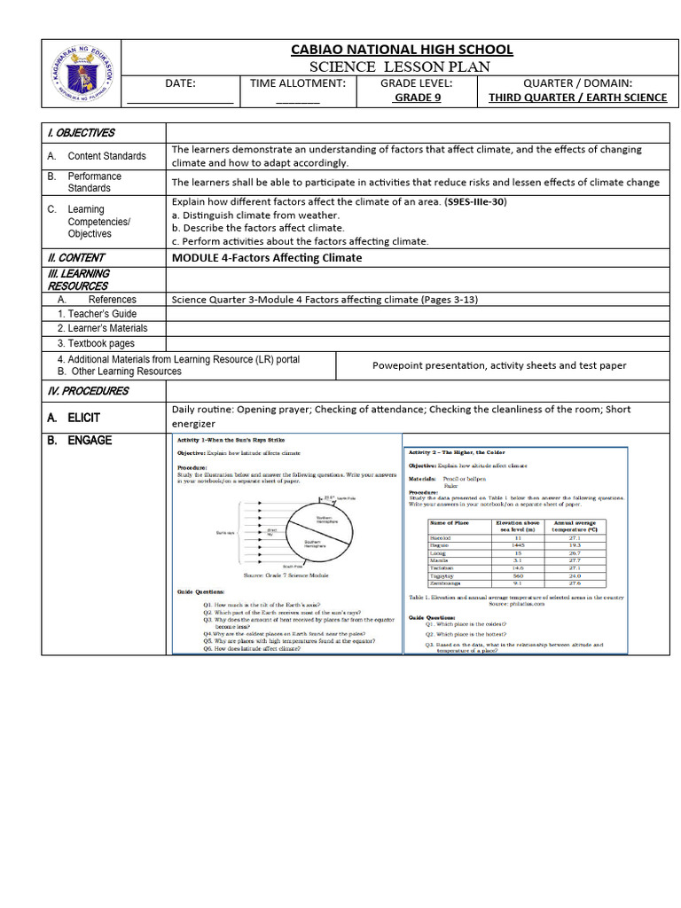 Lesson Plan For Factors Affecting The Climate | PDF | Learning | Climate
