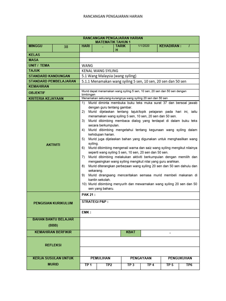 RPH Math Tahun 1 (Unit 5 Wang) | PDF
