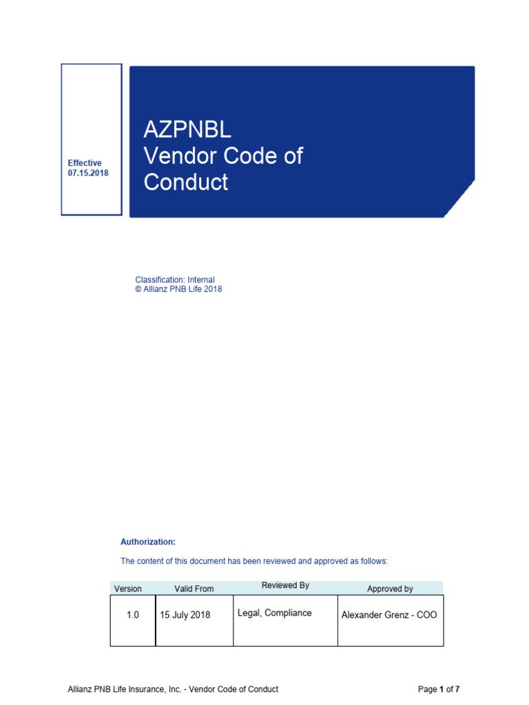 Allianz PNB Vendor Code of Conduct | PDF | Regulatory Compliance ...