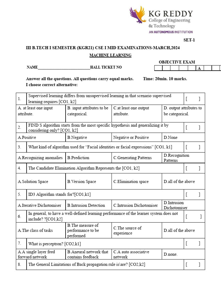 CSE_ML_III_I_ Objective SET-I with answers | PDF | Artificial Neural Network | Cognition
