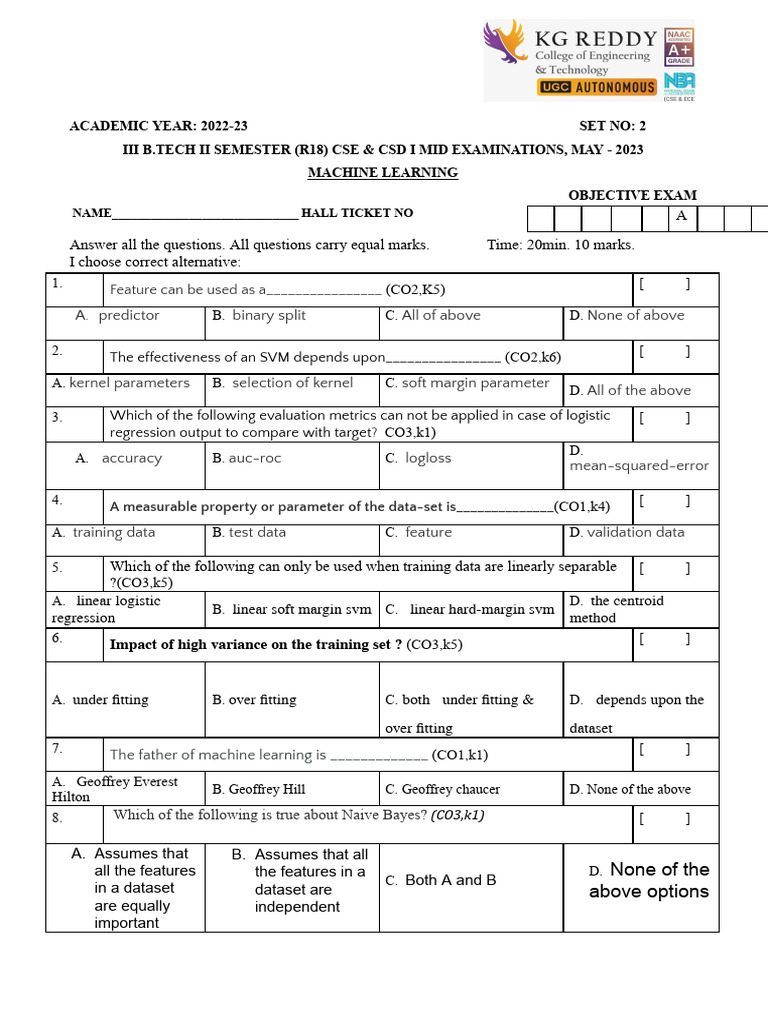 OBJECTIVE SET - 2 With Answers | Download Free PDF | Support Vector Machine | Machine Learning