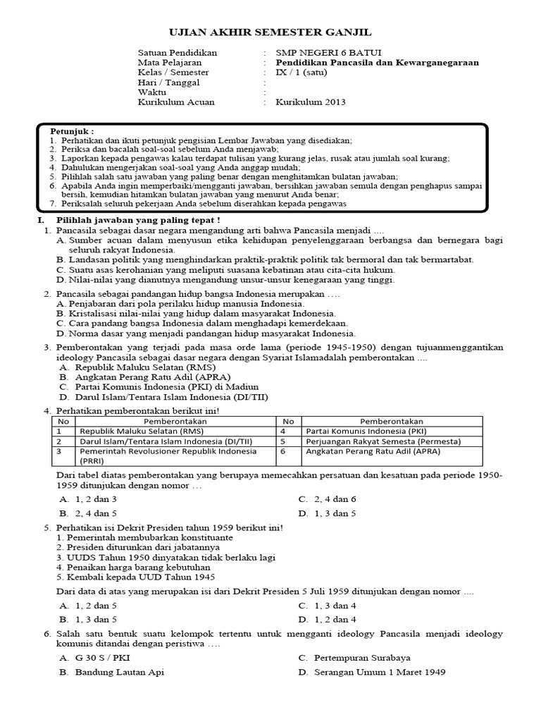 Soal PAS PKN Kelas 9 K13 - SMPN 6 BATUI | PDF