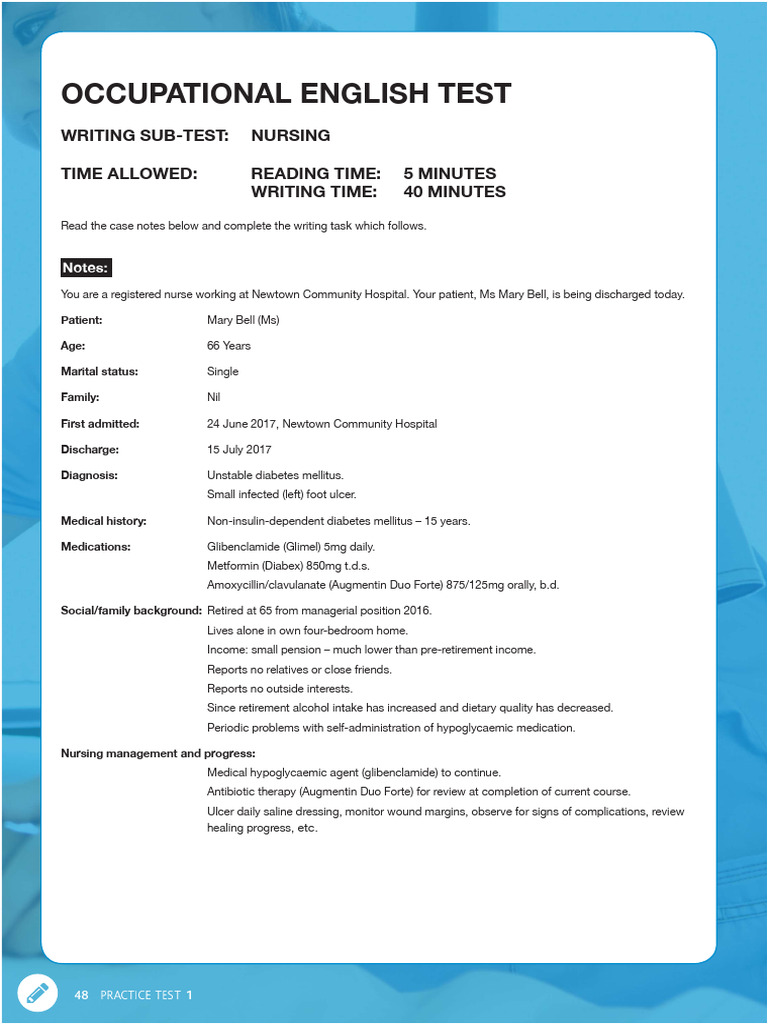 Occupational English Test: Writing Sub-Test: Nursing Time Allowed ...