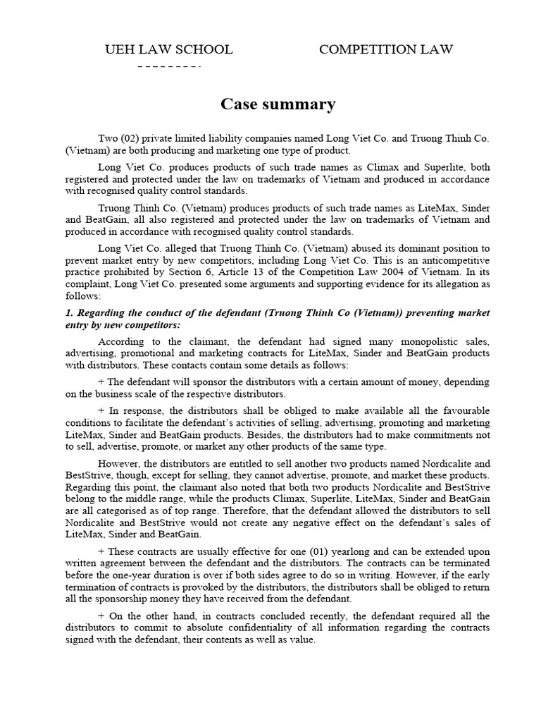 Case_study_Long Viet v. Truong Thinh_english_translated | PDF | Competition Law | Monopoly