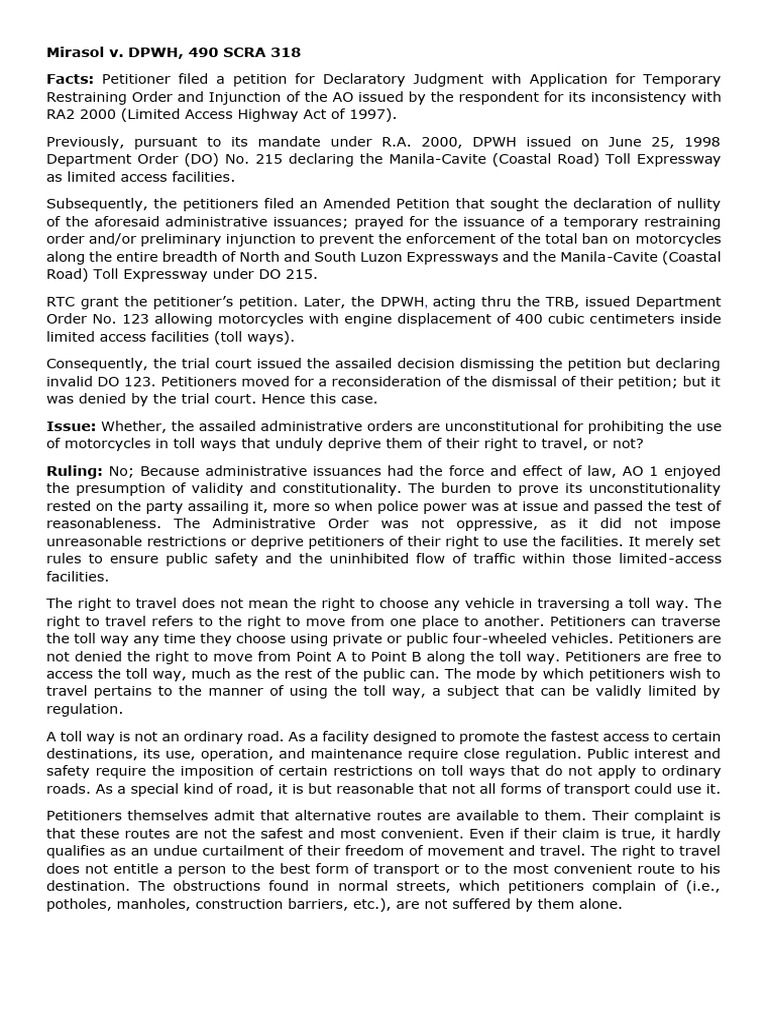 Mirasol v. DPWH, 490 SCRA 318 | PDF | Freedom Of Movement | Injunction