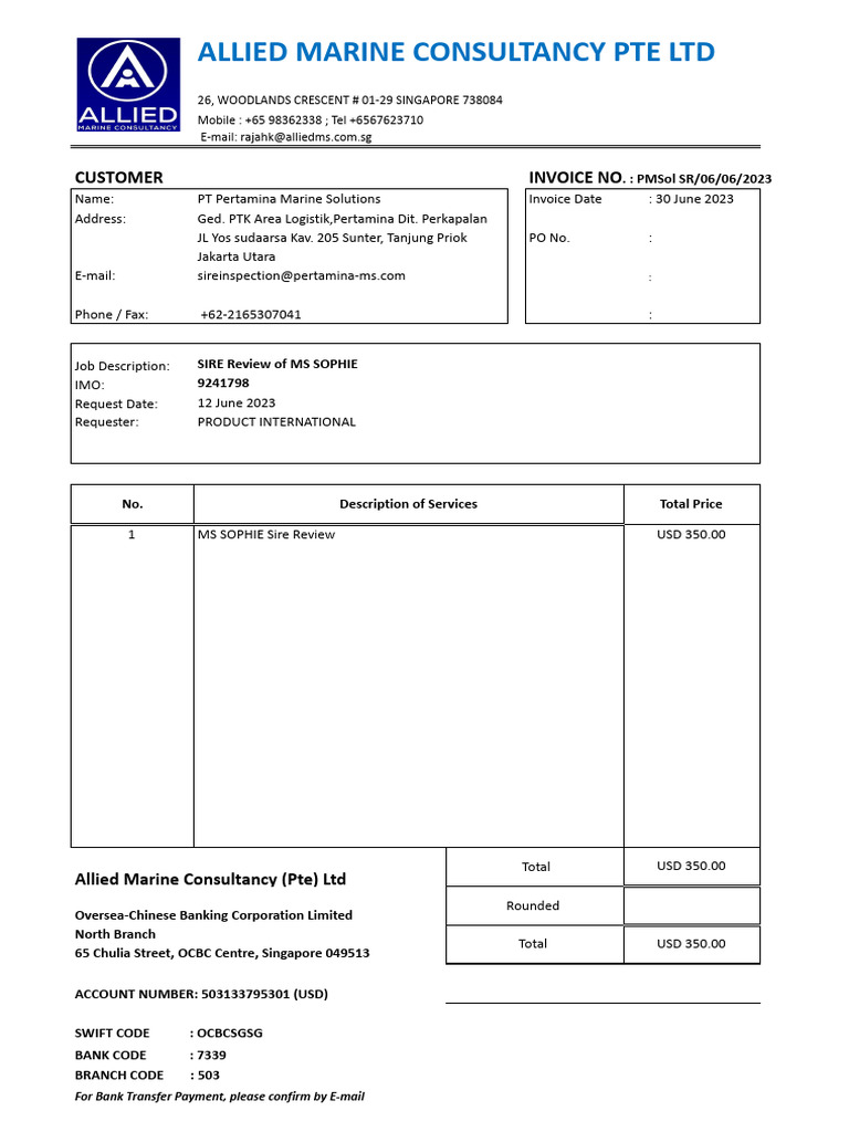 Invoice for Marine Inspection | PDF