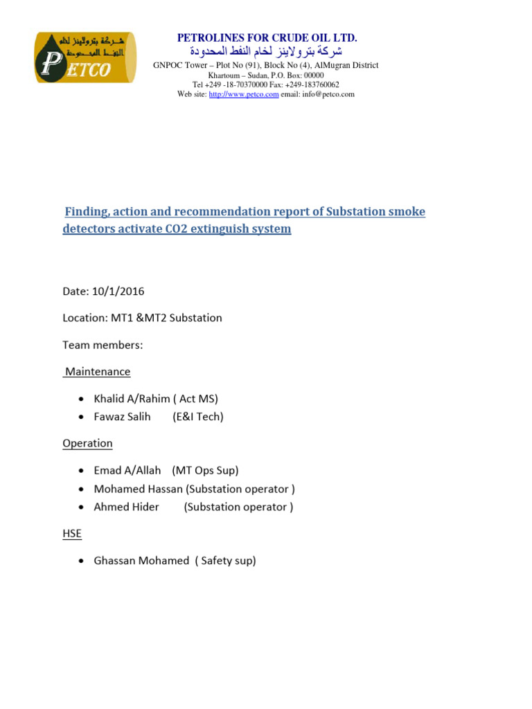Finding Report of Substation Smoke Detector Activate CO2 Extinguish ...