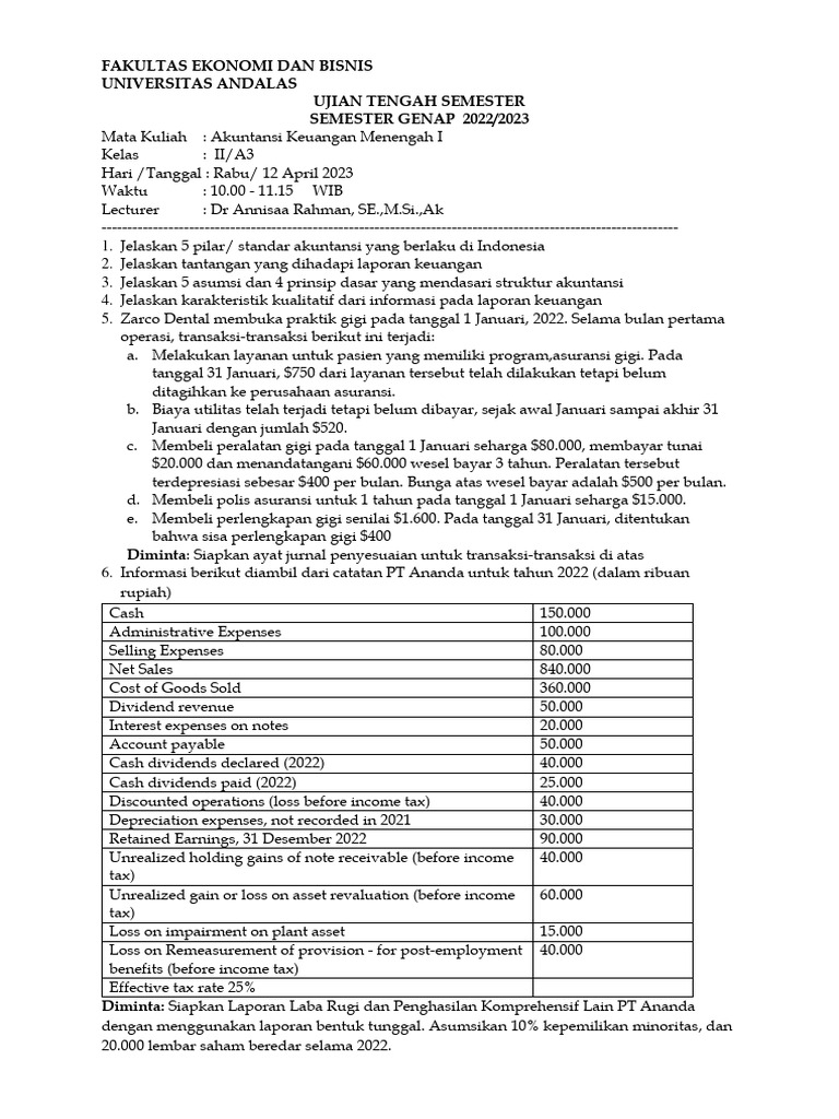 SOAL UTS Inter 1 S1 Genap 2022 2023 | PDF | Teknologi & Rekayasa