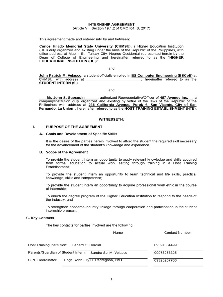 Internship Agreement CHMSU 2024 | PDF | Internship | Job Hunting