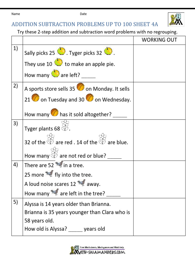 Addition Subtraction Word Problems Up To 100 4a | PDF