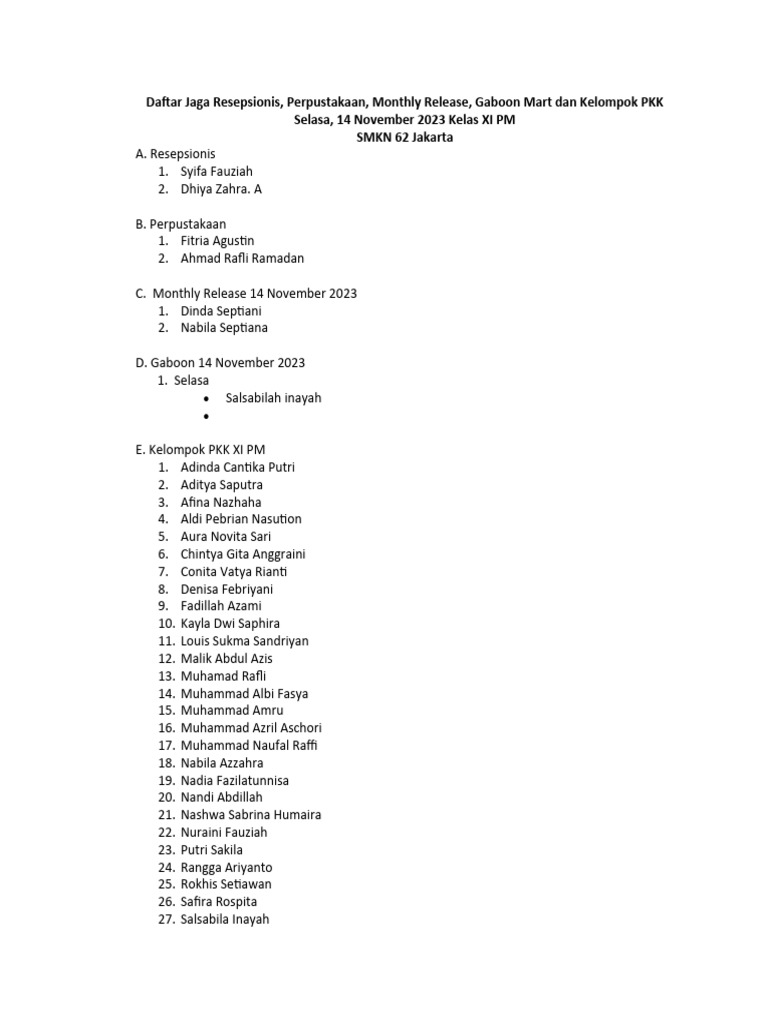 Daftar Jaga Resepsionis Selasa | PDF