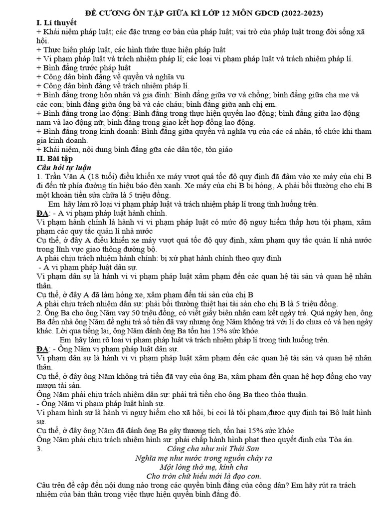 ĐC ôn tập cuối kì I GDCD 12 2023 .GV | PDF
