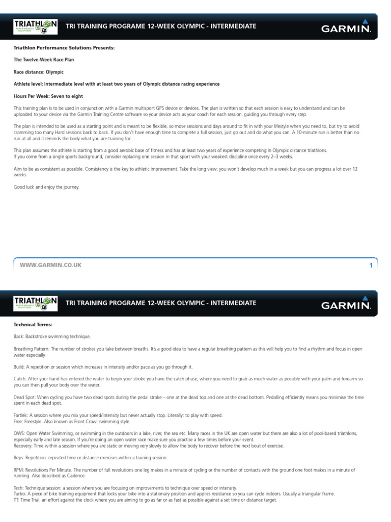 Tri Training Programme 12 Week Olympic Intermediate | PDF | Triathlon ...
