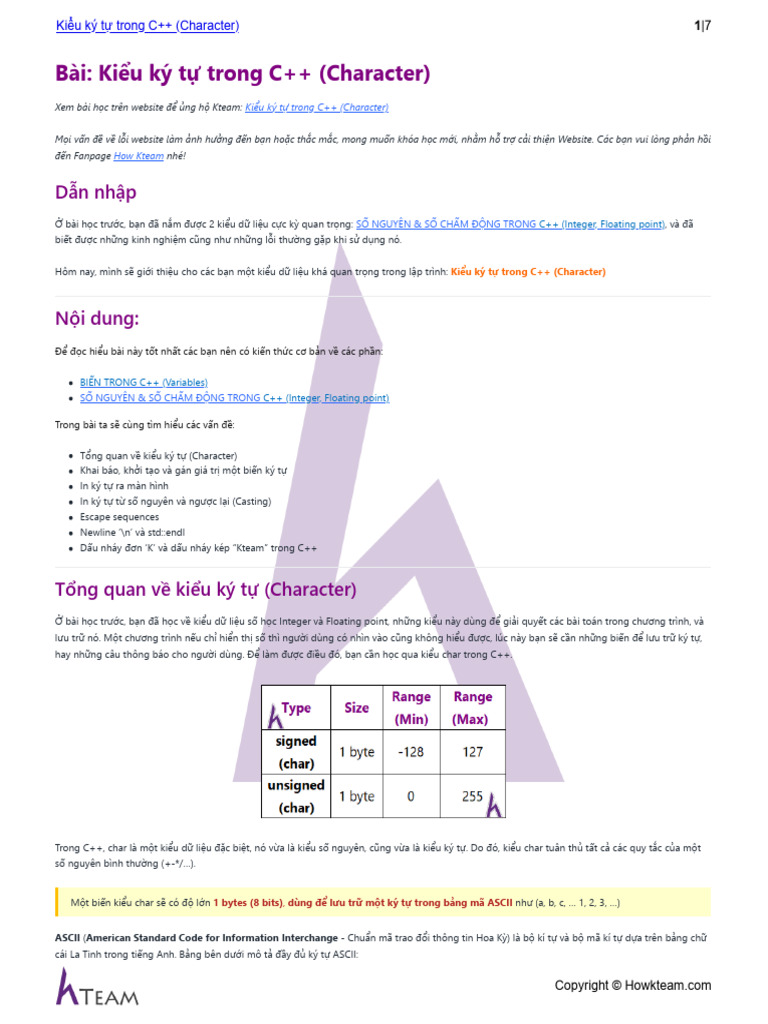 HOWKTEAM.VN - Kiểu ký tự trong C++ (Character) | PDF