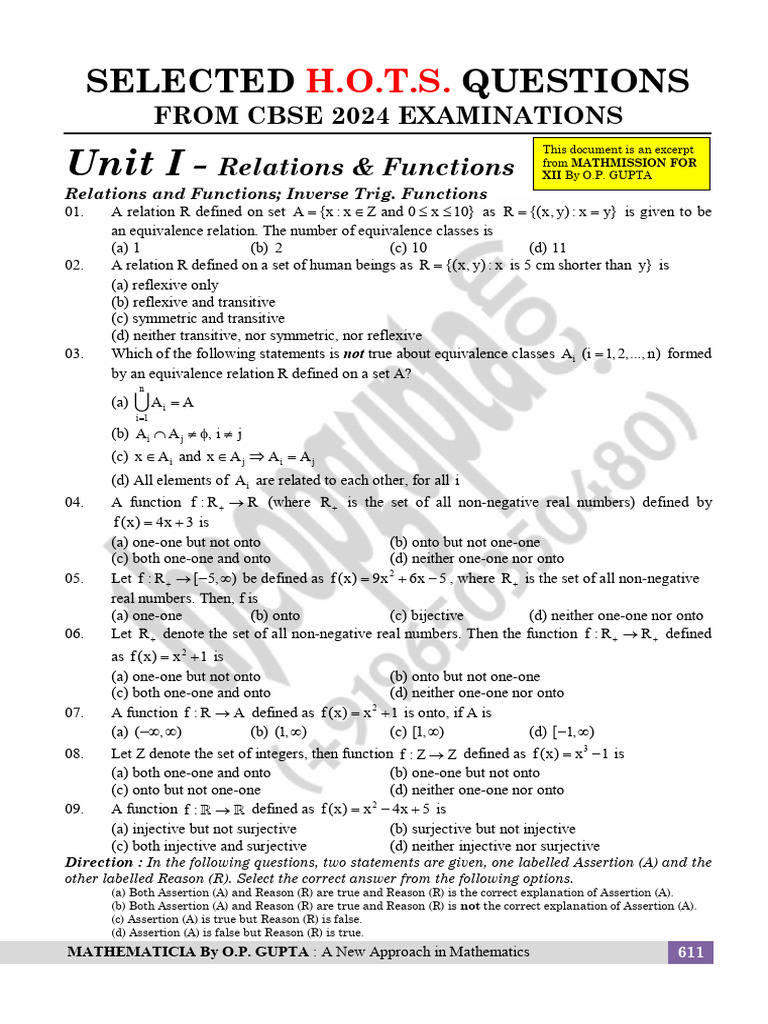 H.O.T.S. Questions for CBSE XII Maths | PDF | Function (Mathematics ...