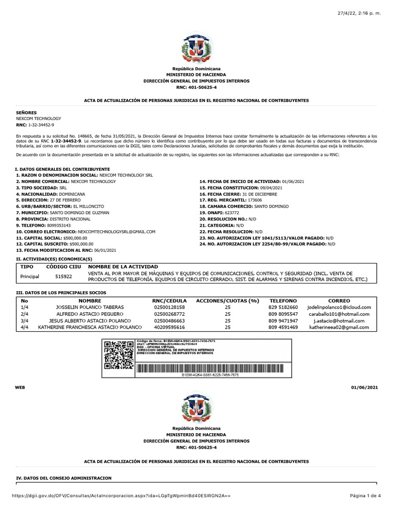 Acta de Inscripción DGII | Descargar gratis PDF | Impuestos | Impuesto ...
