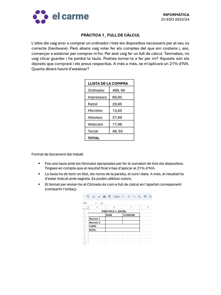 3042 20240411 Exercici Practica 1 Excel Full de Calcul | PDF