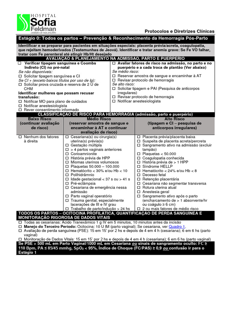 Checklist Hemorragia Pós-Parto - Revisão 2022 PROTOCOLO SOFIA FELDMAN | PDF | Parto | Transfusão ...